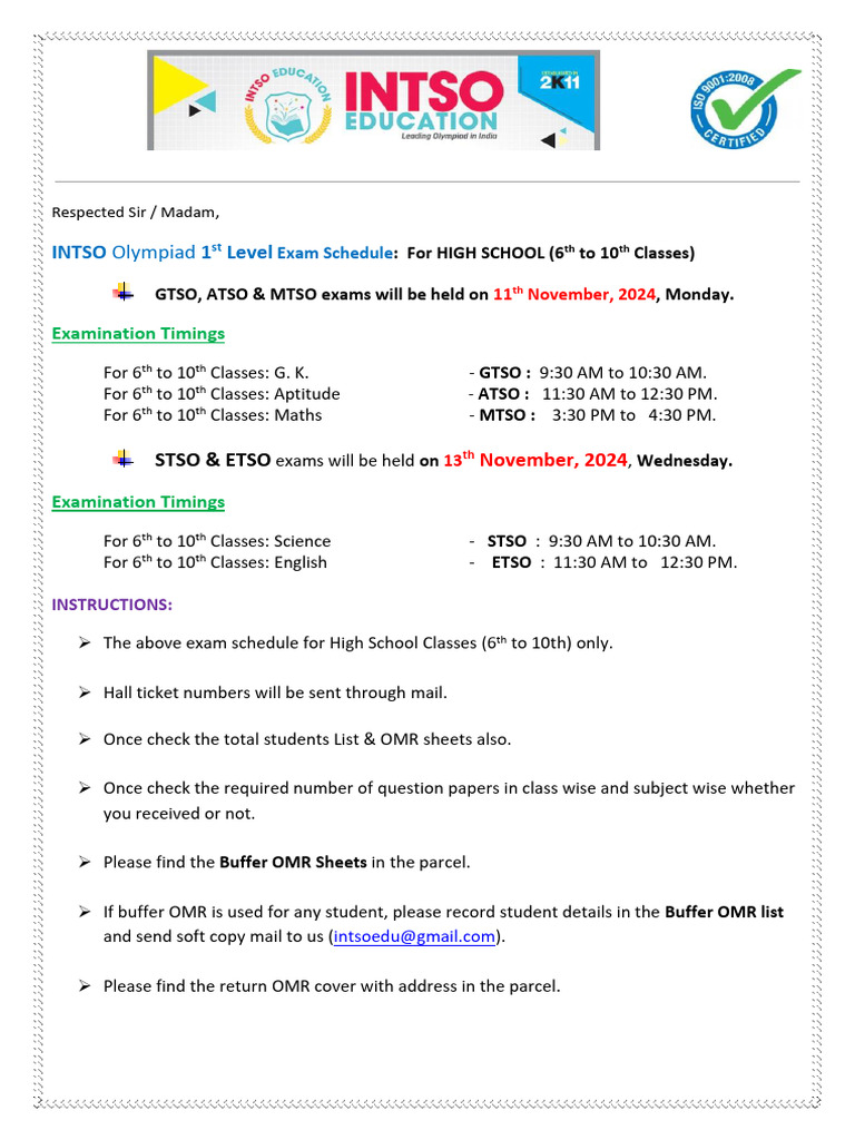 Intso High School Level-1 Instrsuctions Letter | PDF