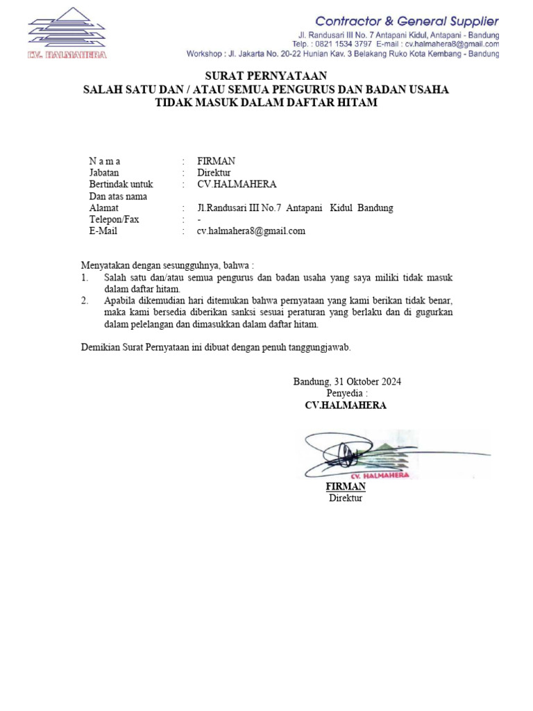 Surat Pernyataan Tidak Masuk Daftar Hitam | PDF