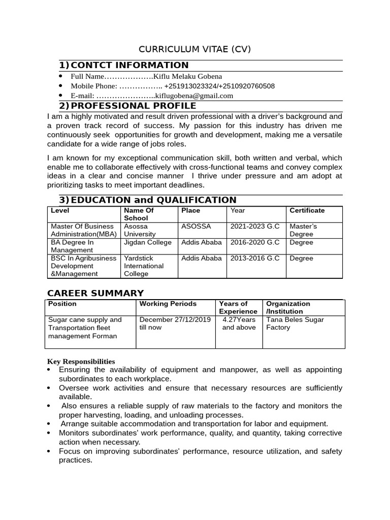 KIFLU CV | PDF | Human Resources | Employment