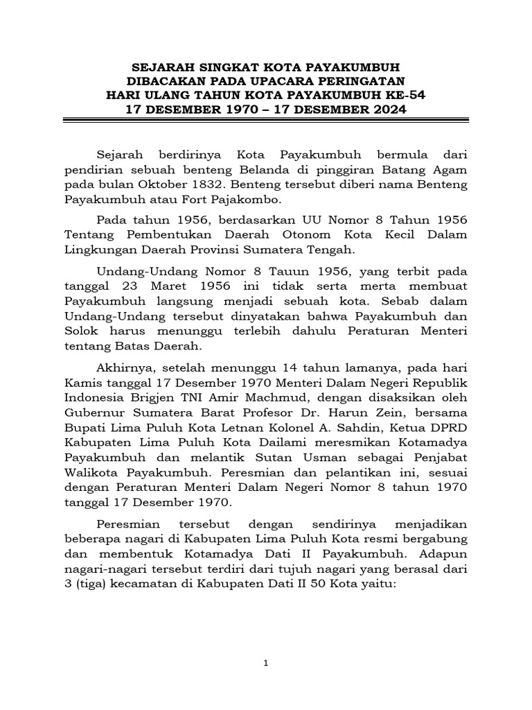 Sejarah Singkat Kota Payakumbuh Ok | PDF