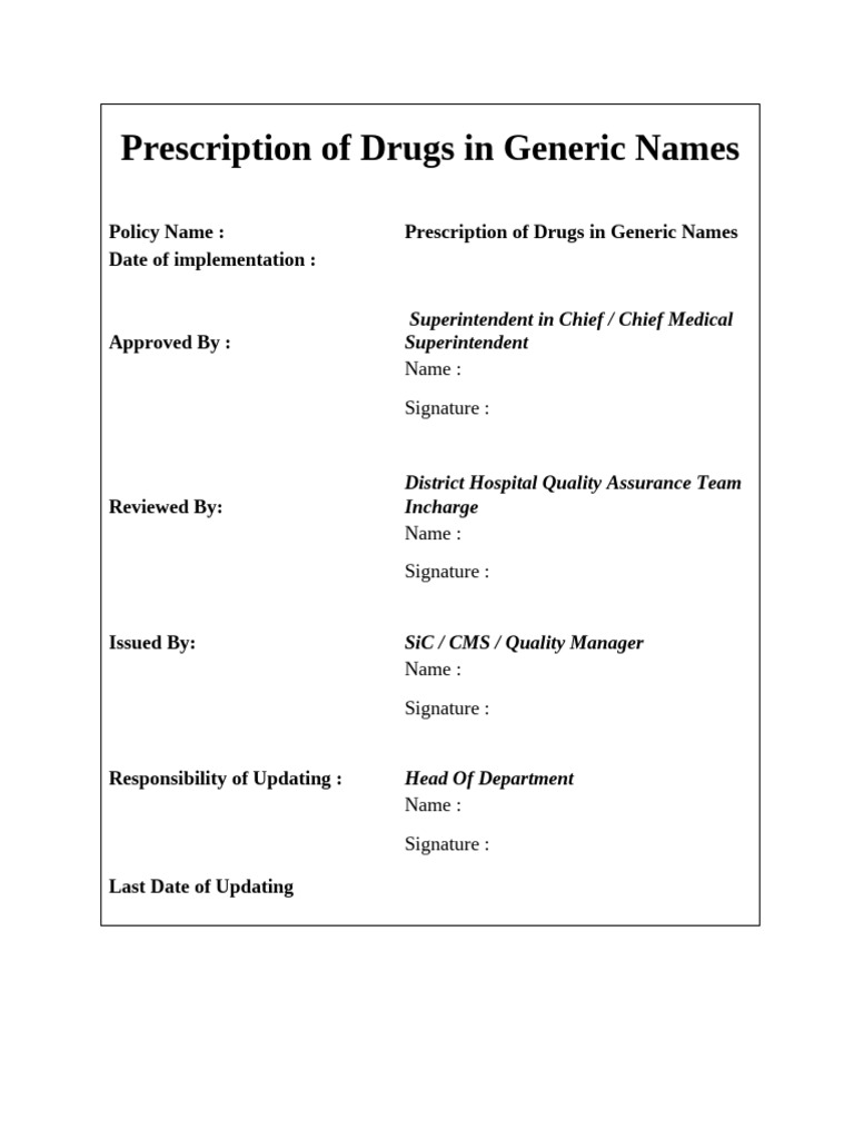 N.prescription of Drugs in Generic Names Drafted | PDF