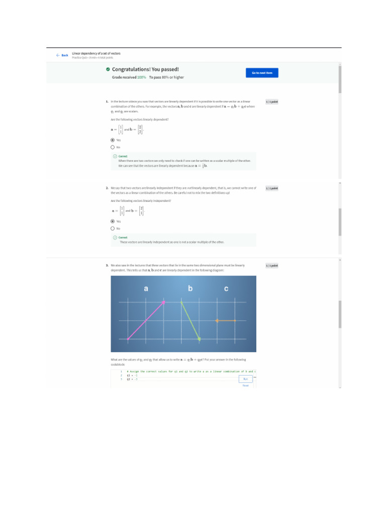 Course 1 Week 2 Practice Quiz 3 Linear Dependency of A Set of Vectors | PDF