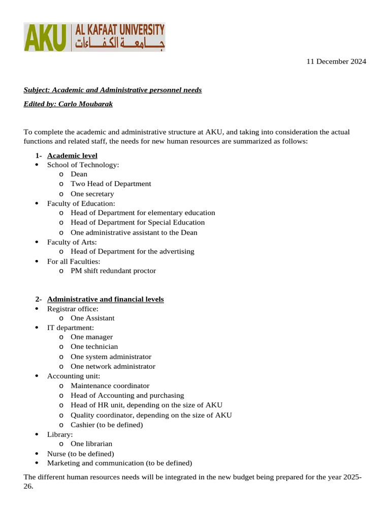 AKU Human Resources Needs 2025-26 | PDF