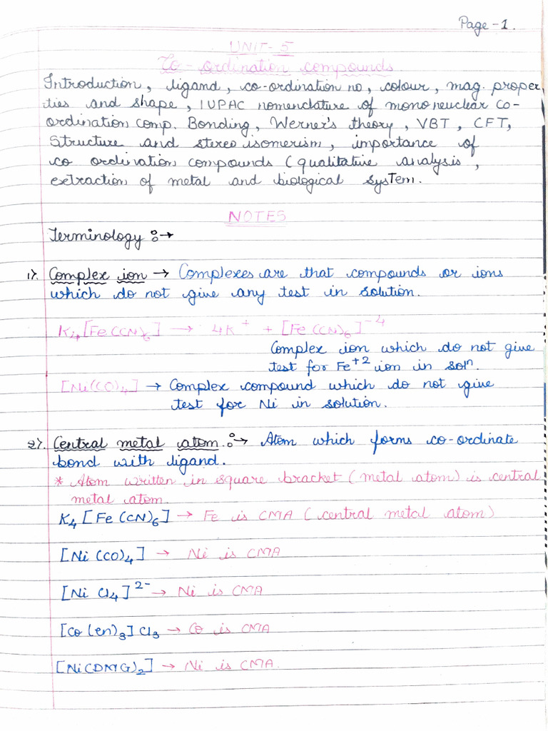 Coordination Compounds Notes | PDF | Physical Chemistry | Physical Sciences