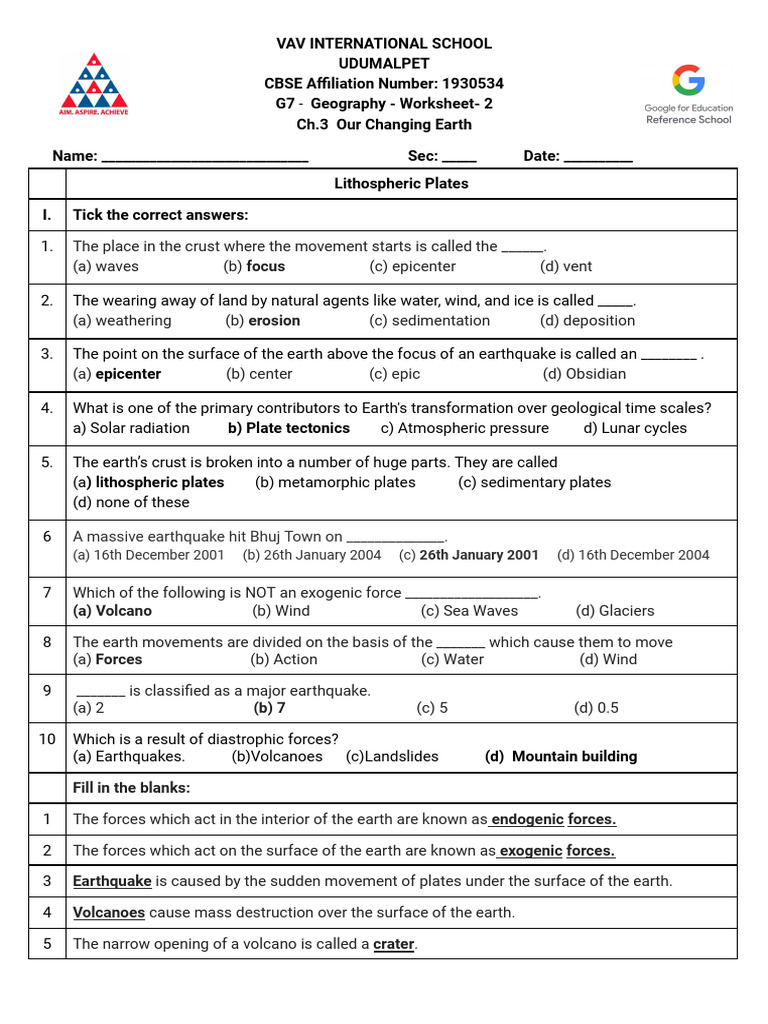 G07 GEO 3 - Objective - Ans Key - WS-2 - 2425 | PDF | Earthquakes | Tsunami