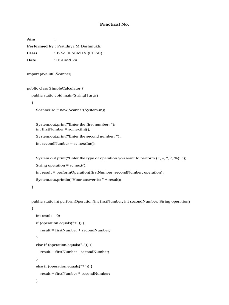 Practical No2 Simple Calculator | PDF