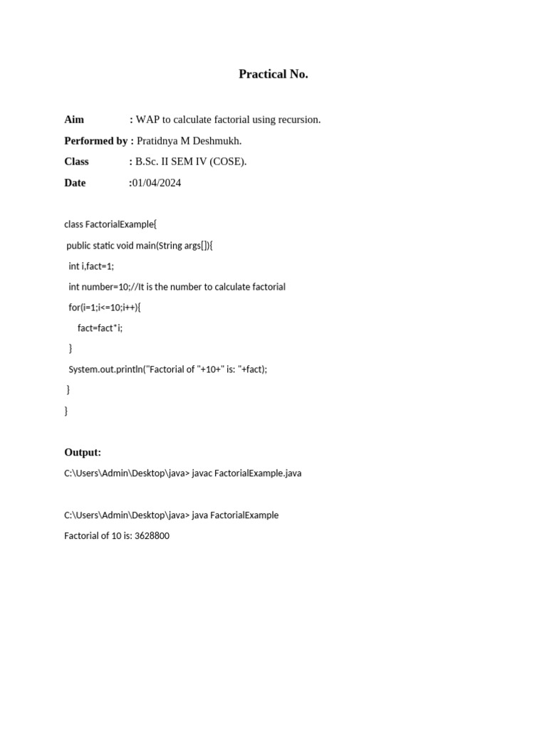 Java Factorial Calculation Example | PDF