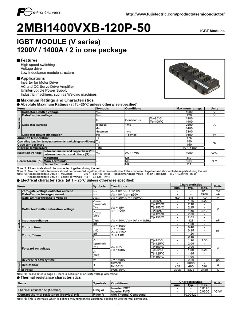 Fuji Electric 2MBI1400VXB 120P 50 Datasheet | PDF | Power Inverter | Electrical Engineering