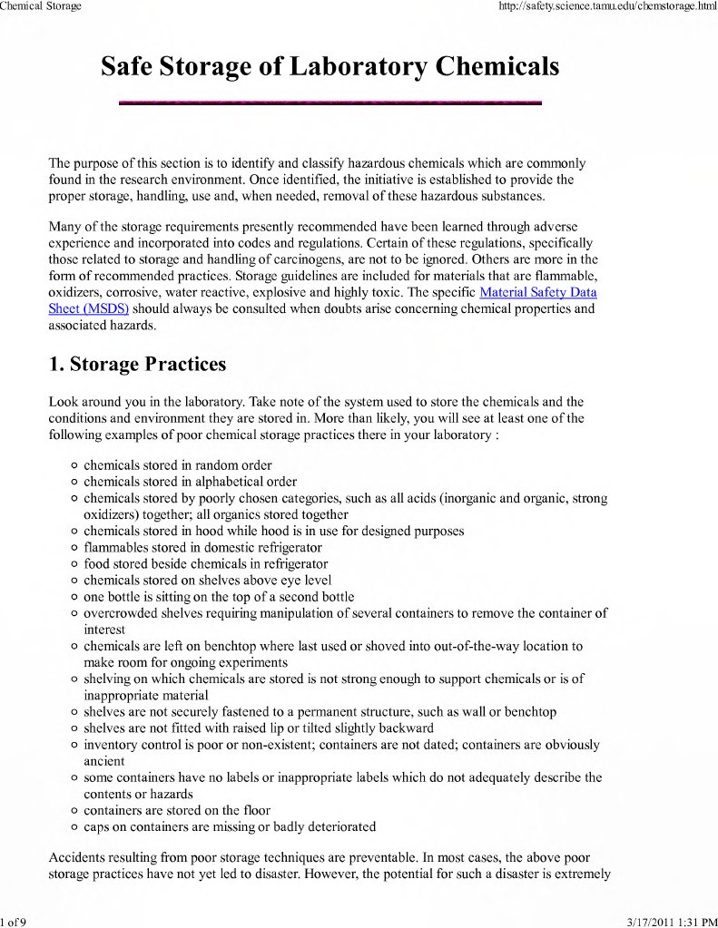 Safe Storage of Laboratory Chemicals | PDF