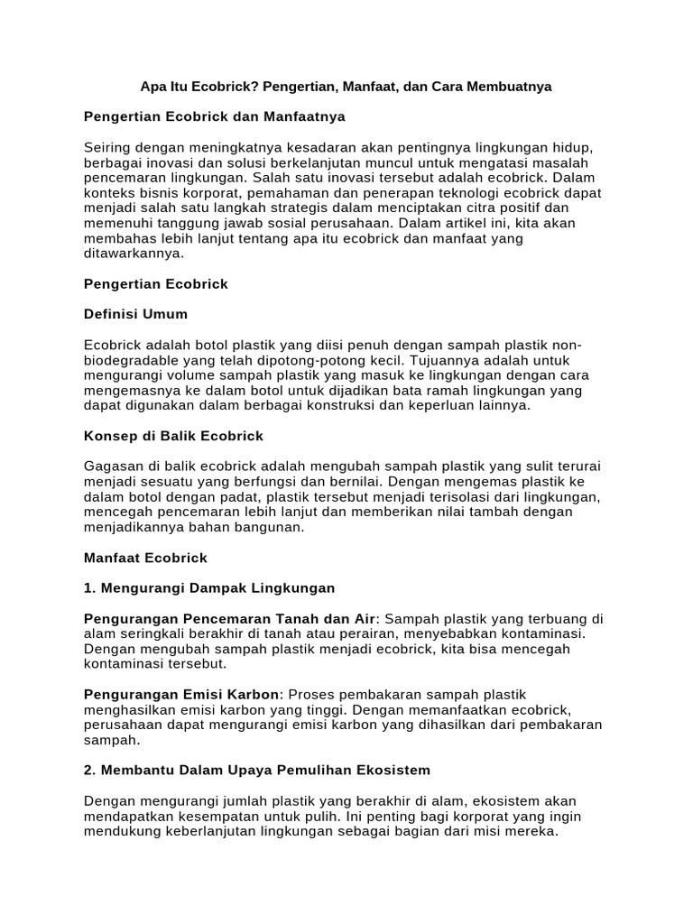 Panduan Lengkap Ecobrick: Manfaat & Cara Membuat | PDF