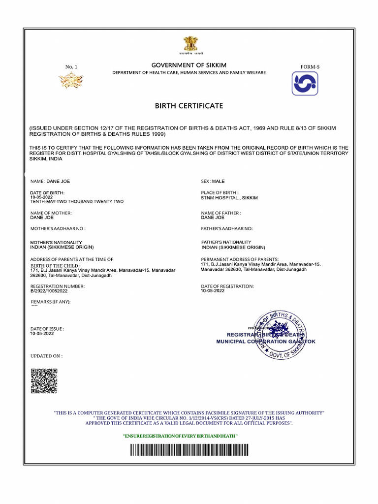 Birth Record: Dane Joe, Sikkim | PDF