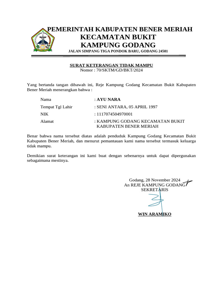 SURAT KETERANGAN TIDAK MAMPU | PDF