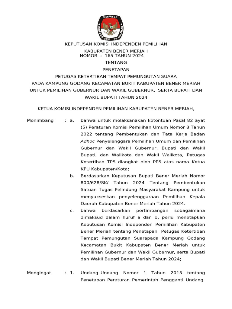 SK Petugas Ketertiban TPS Benee Meriah Tahun 2024 | PDF