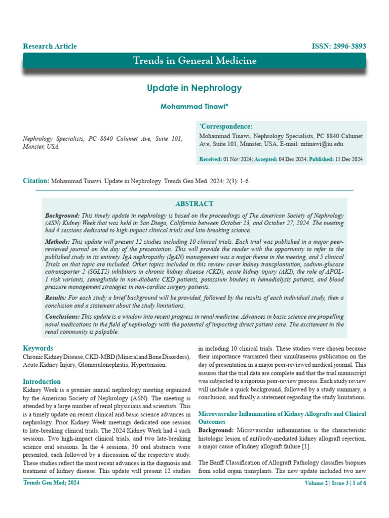 Update In Nephrology Pdf Nephrology Chronic Kidney Disease
