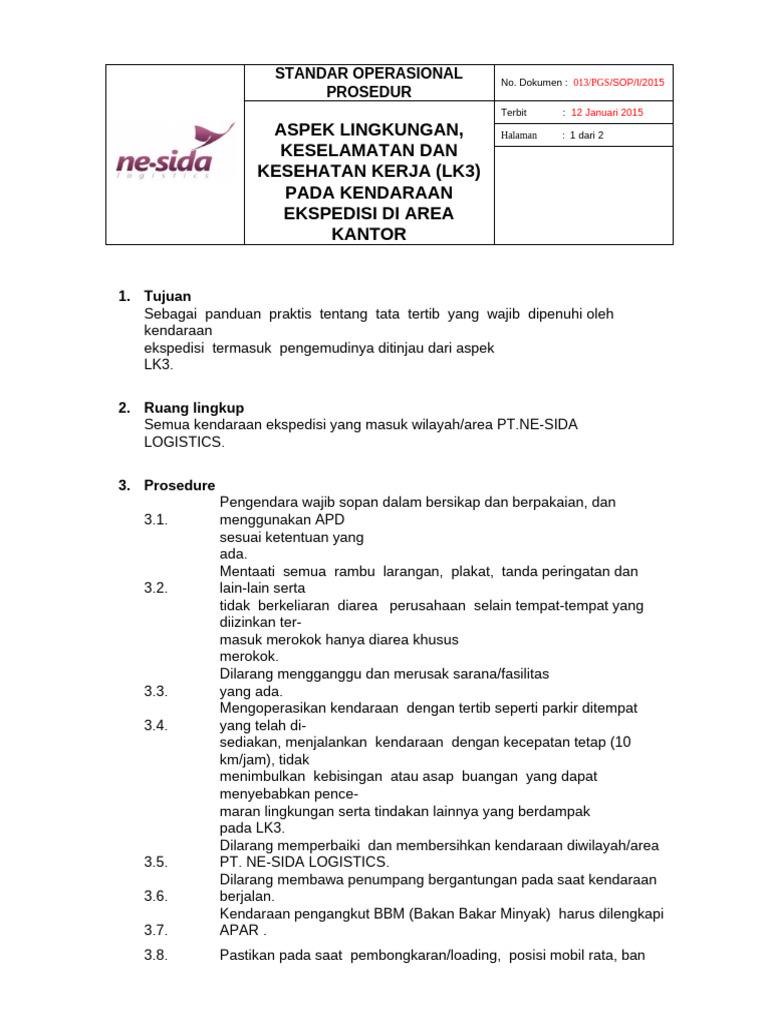 013. SOP ASPEK LINGKUNGAN KESELAMATAN DAN KESEHATAN (LK3) | PDF