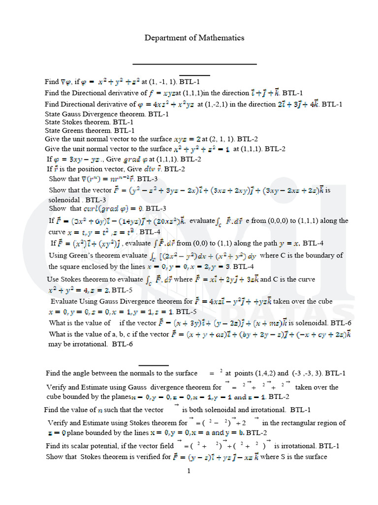 Mathematics II Question Bank 2016 | PDF | Divergence | Mathematics