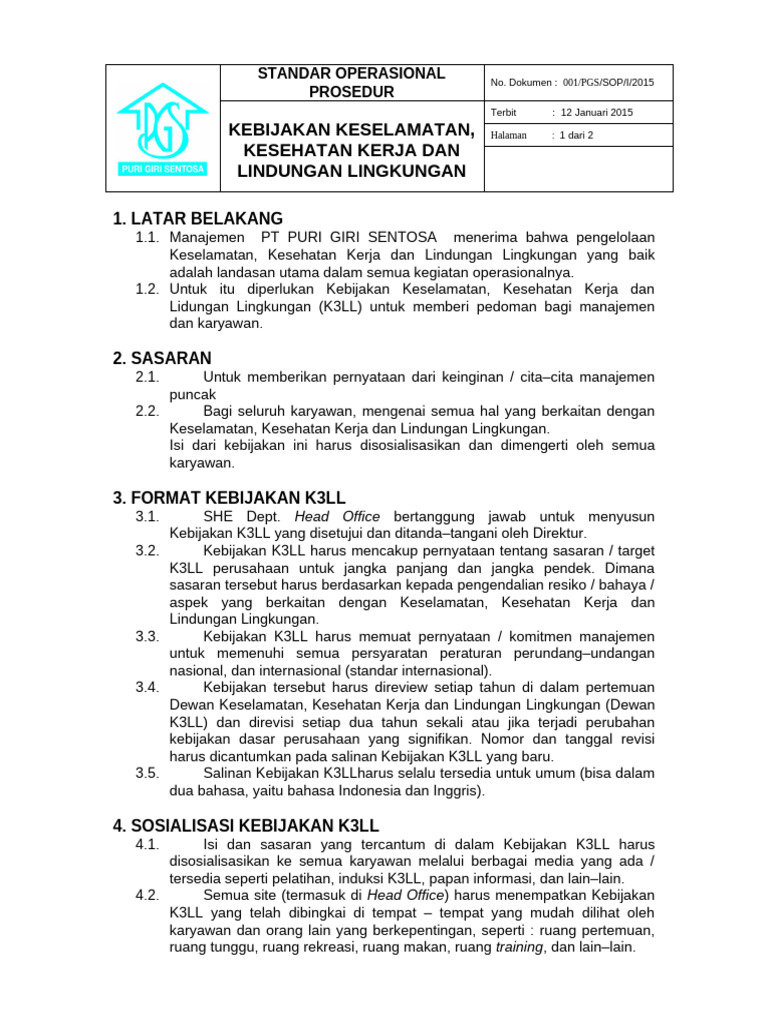 001. SOP KEBIJAKAN K3LL | PDF