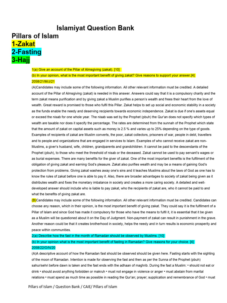 Islamiyat Question Bank - Customized | PDF | Hajj | Ramadan