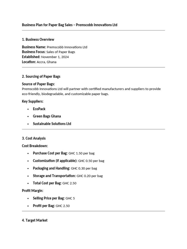 Business Plan For Paper Bag Sales | PDF | Supply Chain | Retail