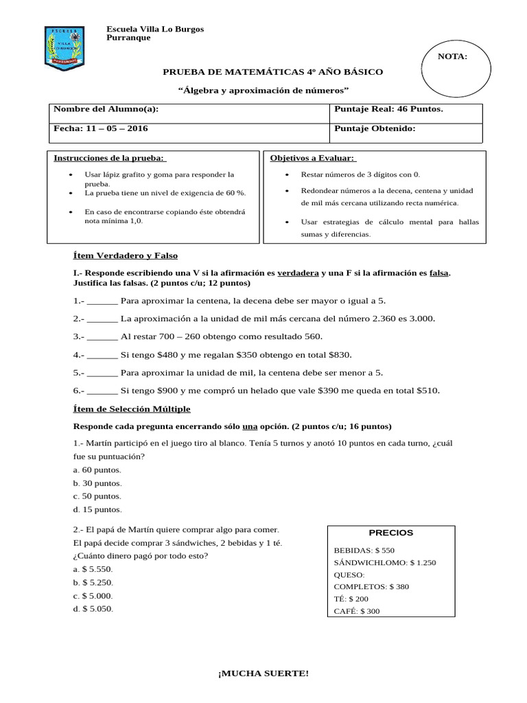 Prueba de Matemáticas 4º Básico: Álgebra | PDF | Matemáticas