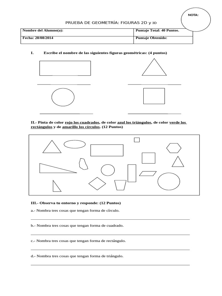 Prueba de Geometría: Figuras 2D y 3D | PDF