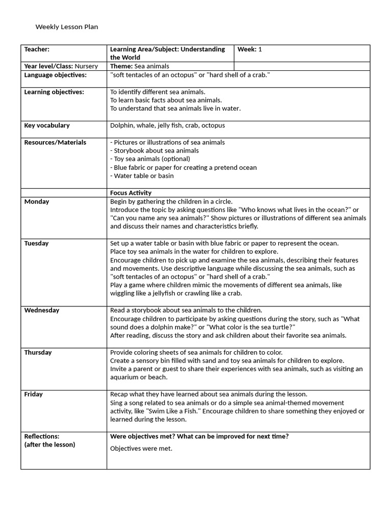 Lesson Plan - Nursery Understanding the World Sample | PDF | Sea ...