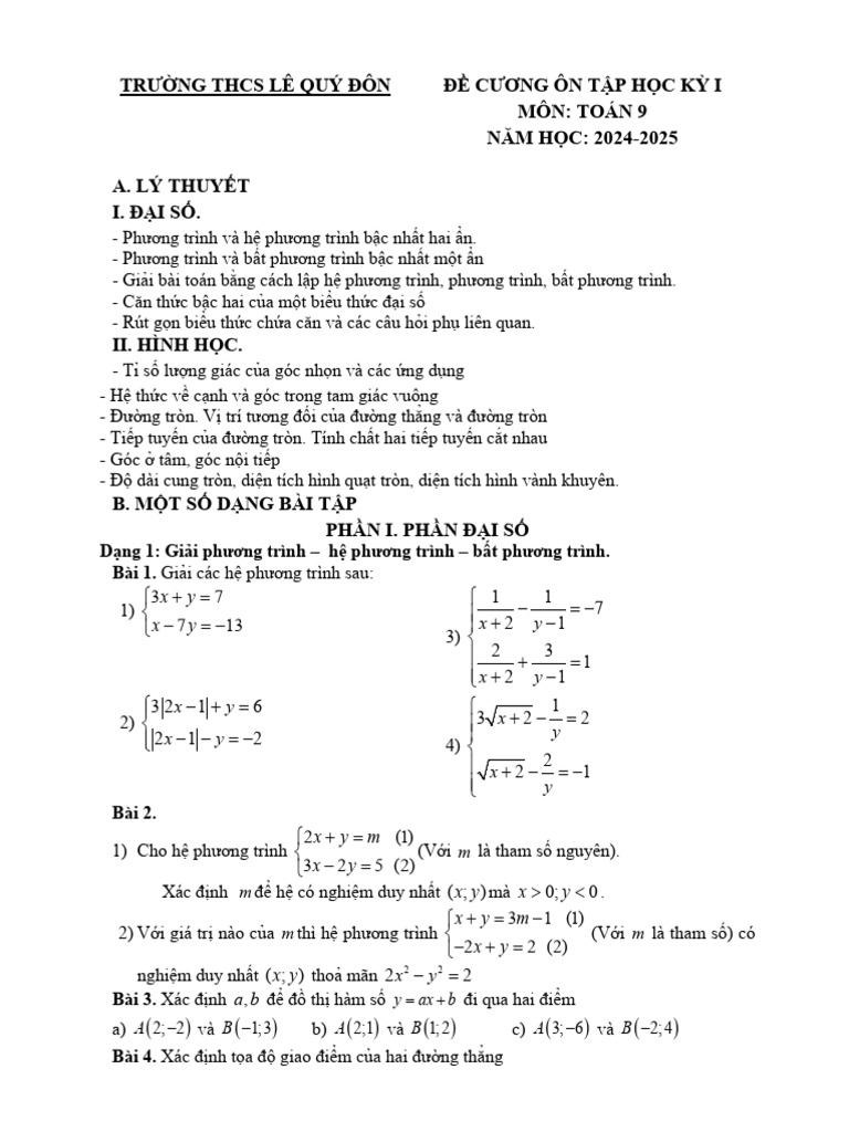 De Cuong Hoc Ky 1 Toan 9 Nam 2024 2025 Truong Thcs Le Quy Don Ha Noi | PDF