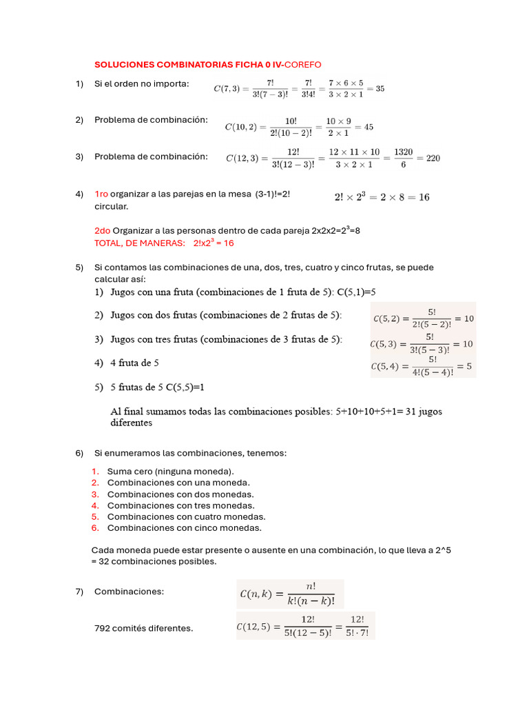 Soluciones Combinatorias Ficha 0 Corefo | PDF