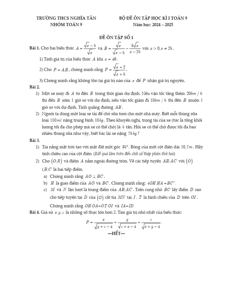 Bo de On Tap Hoc Ki 1 Toan 9 Nam 2024 2025 Truong Thcs Nghia Tan Ha Noi | PDF
