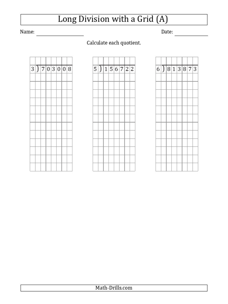 Division Long Grid 1digit Divisor 6digit Dividend Remainders All ...