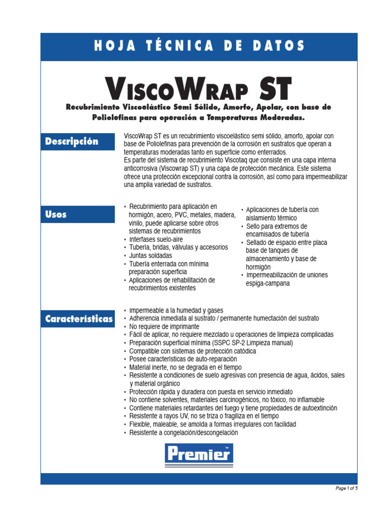 Premier Coatings Viscotaq Viscowrap ST Spanish TDS | PDF | Tubería ...