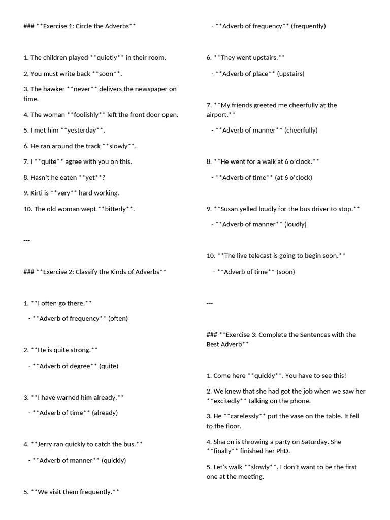 Answer Key Adverb by Chatgpt (Indian School Exercise) | PDF | Adverb