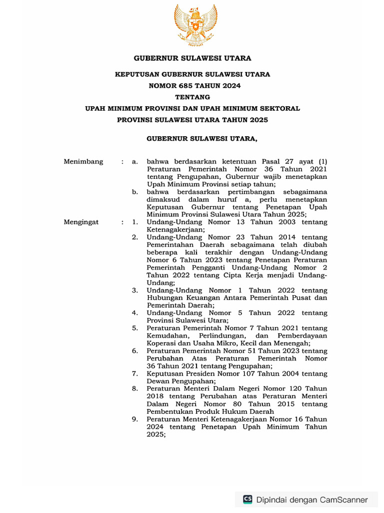 SK Gub No. 685 TH 2024 TTG UMP Dan UMSP Sulut 2025 | PDF
