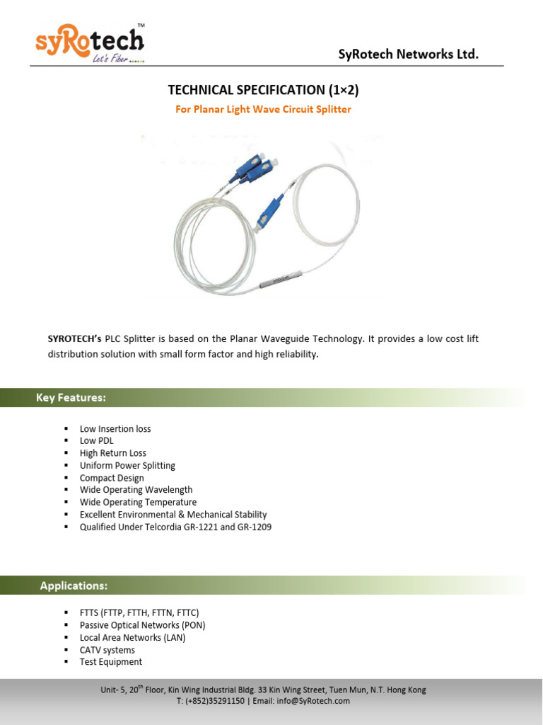 Sy PLC ST 1x2 SCP 1a PLC Splitter | PDF | Fiber To The X | Optical Fiber