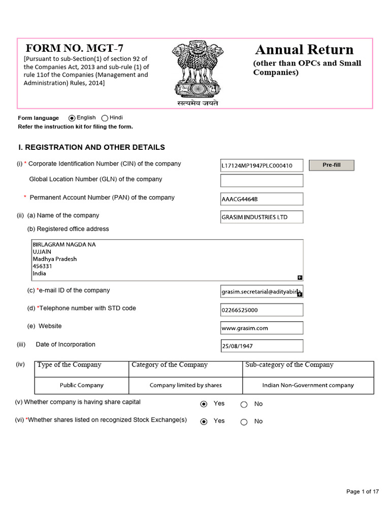 form-MGT-7-annual-return-fy24 Grasim | PDF | Securities (Finance ...
