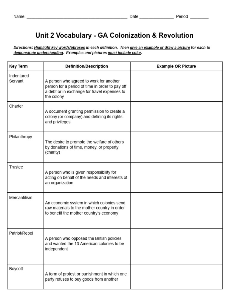 Unit 2 Vocabulary Key 2022 | PDF | Loyalist (American Revolution ...