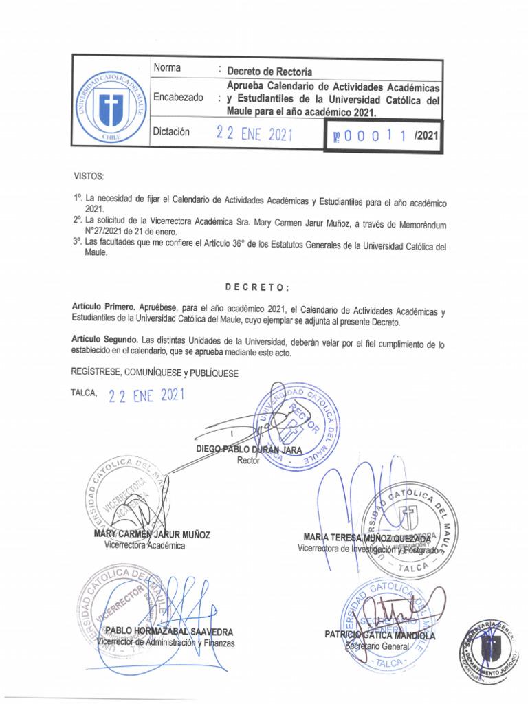 Decreto de Rectoría N11-2021 - Calendario | PDF