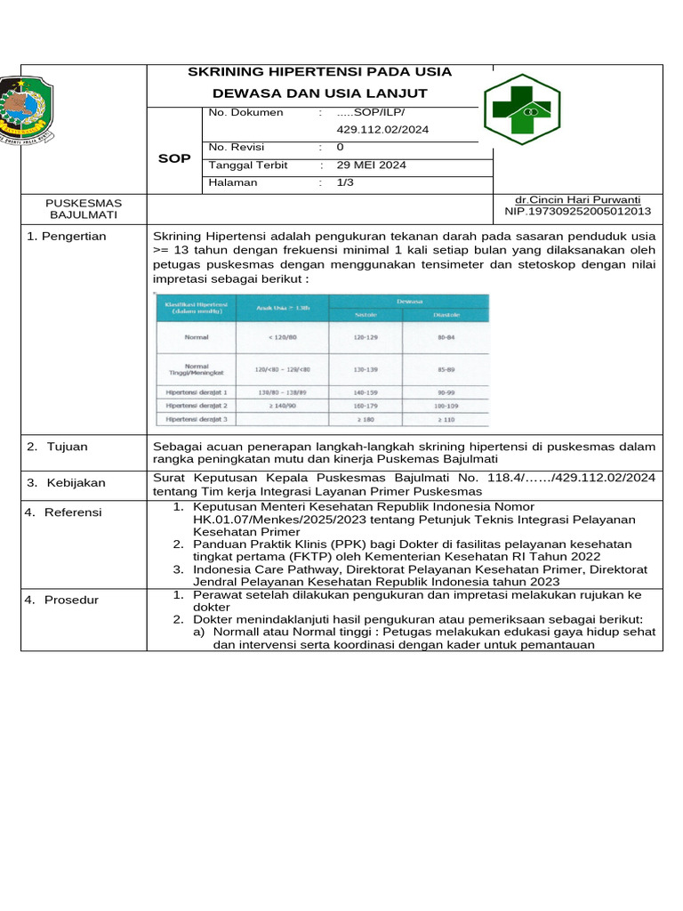 Sop Skrining Hipertensi Dewasa Lansia | PDF
