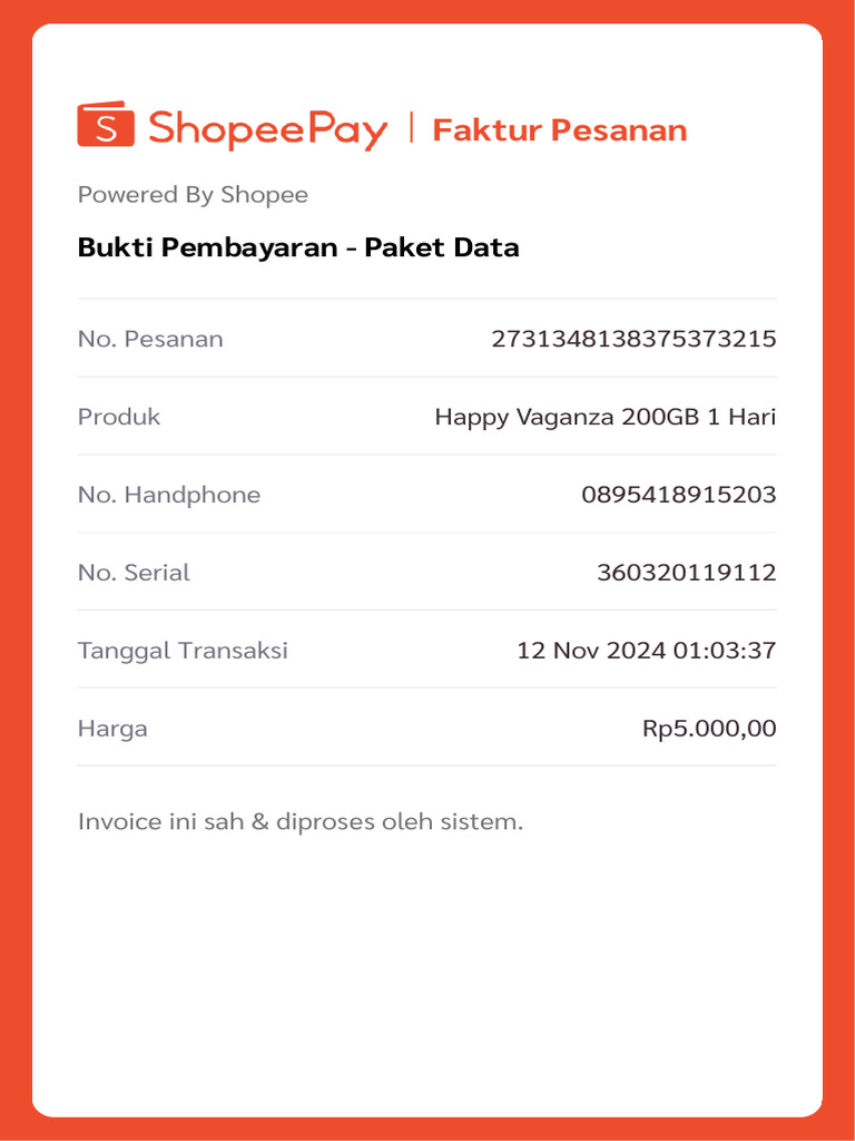 Faktur Pembayaran Paket Data Shopee | PDF