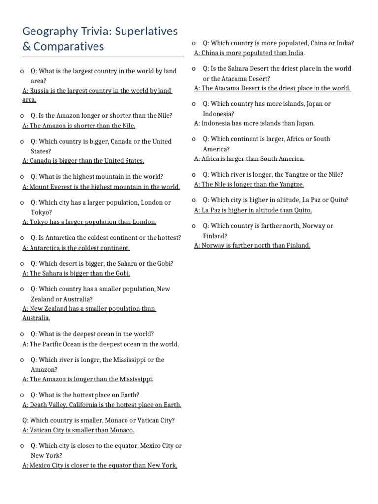 GeographyTrivia Superlatives Comparatives | PDF | Desert | Continent