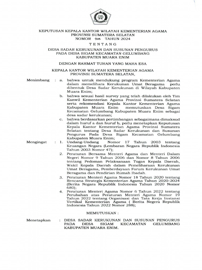 SK Desa Sadar Kerukunan Muara Enim | PDF