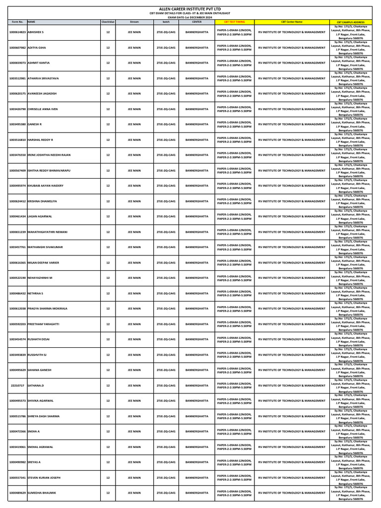 Iit & Jee Main Enthusiast CBT Exam Detail Date-01!12!2024 2tje-2q-Ca41 | PDF | Engineering ...