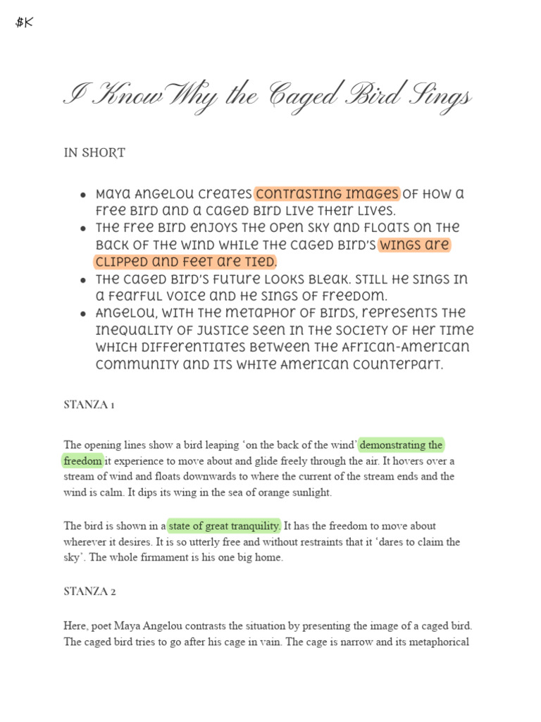 'I Know Why The Caged Bird Sings' Notes | PDF