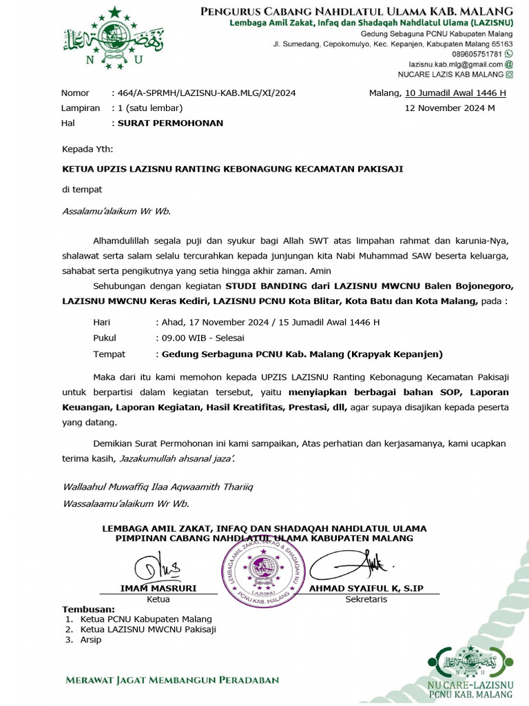 464 Surat Permohonan Ranting Kebonagung Pakisaji Studi Banding Bojonekediri | PDF