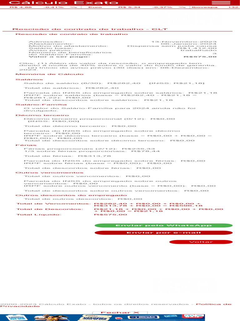 Cálculo Exato - Resultado de Rescisão de Contrato… | PDF | Férias ...