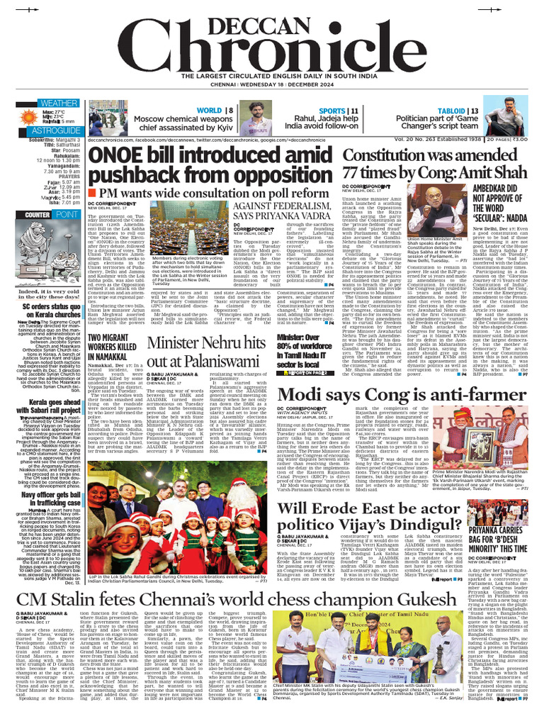 Deccan Chronicle - Chennai - 2024-12-18 | PDF | Bharatiya Janata Party | Jawaharlal Nehru