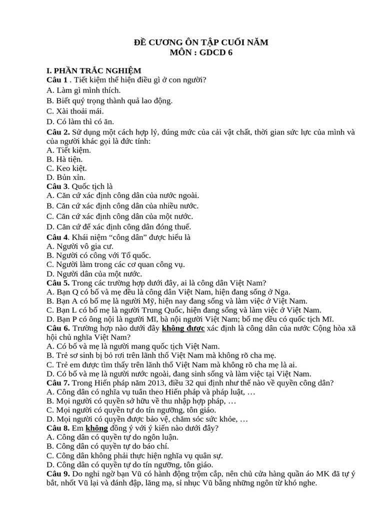 Đề Cương Ôn Trập Môn GDCD 6 | PDF