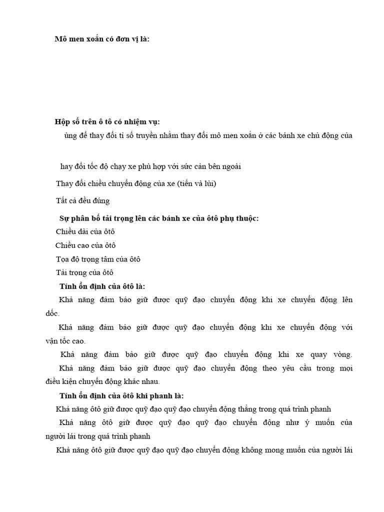 Cau Hoi Trac Nghiem On Tap - Ly Thuyet o To | PDF