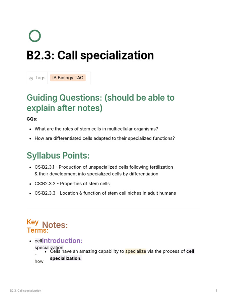 Understanding Cell Specialization and Stem Cells | PDF | Cellular ...