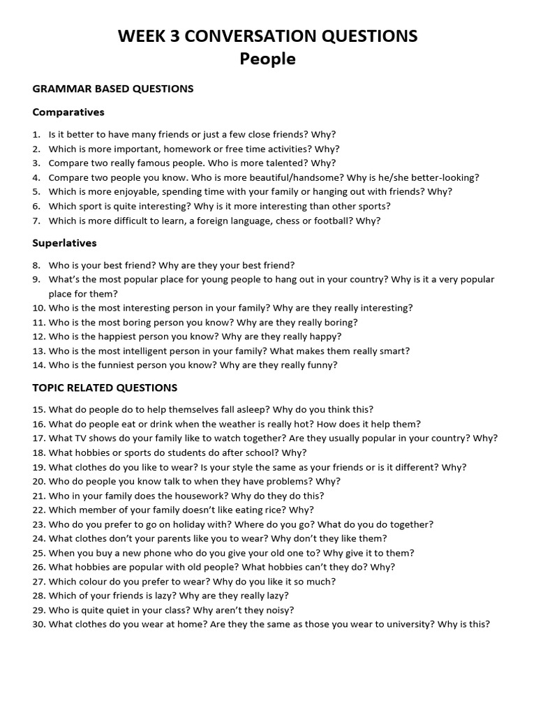 Week 3 Conversation Questions Guide | PDF